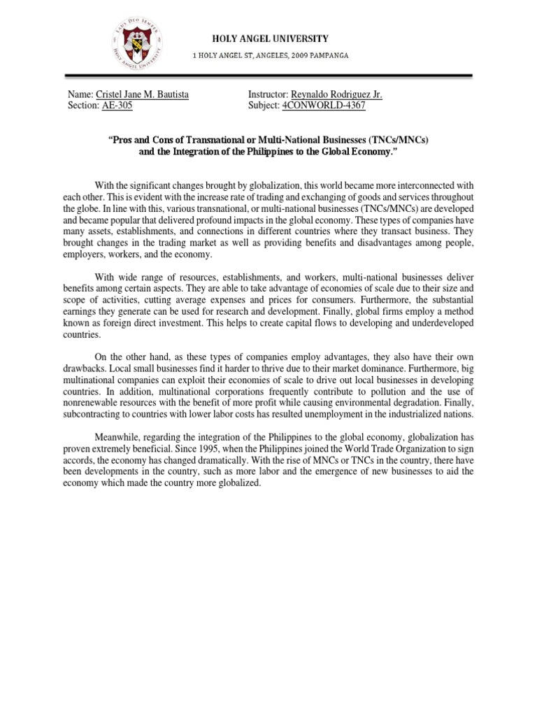 Pros and Cons of Transnational or Multi-National Businesses (TNCS/MNCS) and The Integration of ...