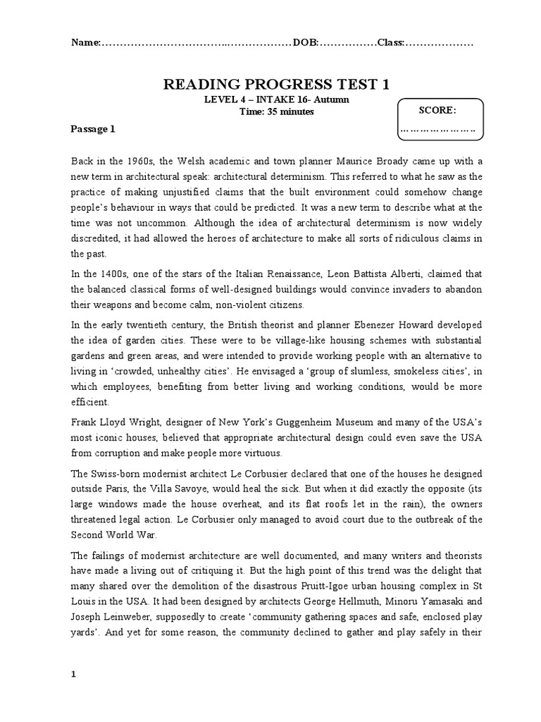 Reading Progress Test 1: Name: .. DOB: .Class | PDF | Entrepreneurship