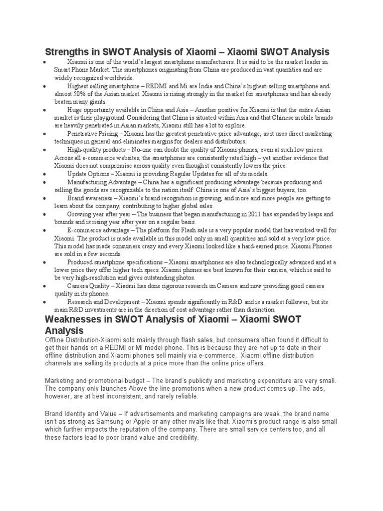 SWOT Analysis of Xiaomi | PDF | Xiaomi | Brand