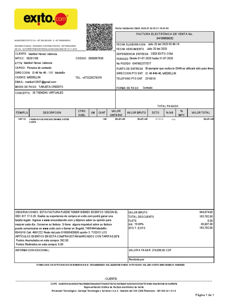 Factura Electrónica de Venta No.: ALMACENES EXITO S.A - NIT 890.900.608 ...