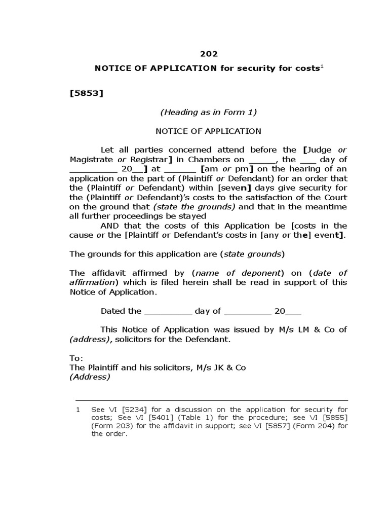 NOTICE OF APPLICATION For Security For Costs | PDF | Finance & Money ...