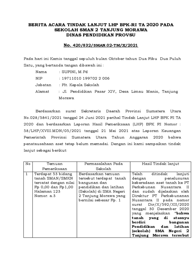 Tindak Lanjut LHP BPK RI di SMAN 2 TM | PDF