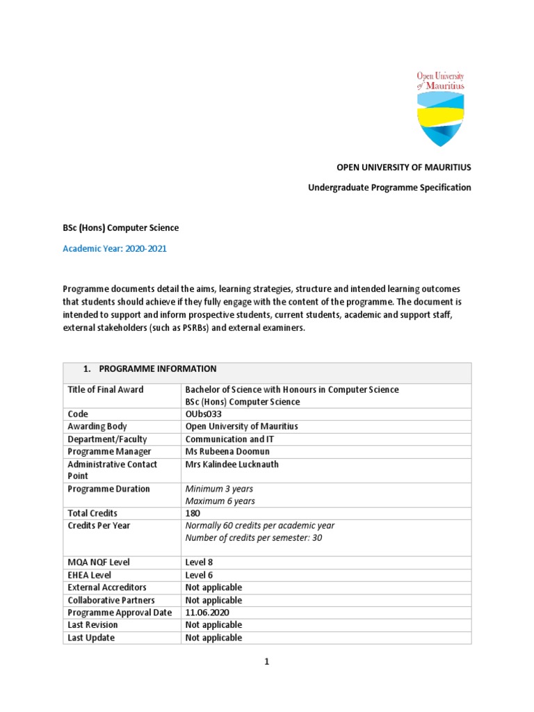 Open University of Mauritius Undergraduate Programme Specification | PDF | Educational ...