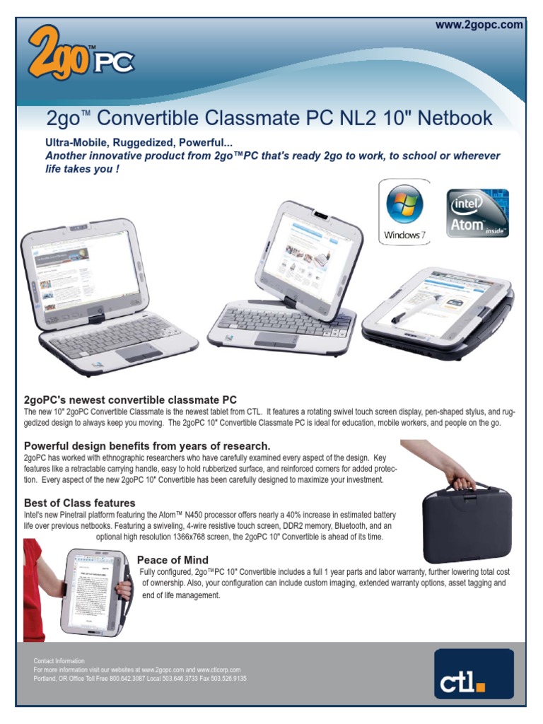 2go Convertible Classmate PC NL2 10" Netbook: Ultra-Mobile, Ruggedized ...