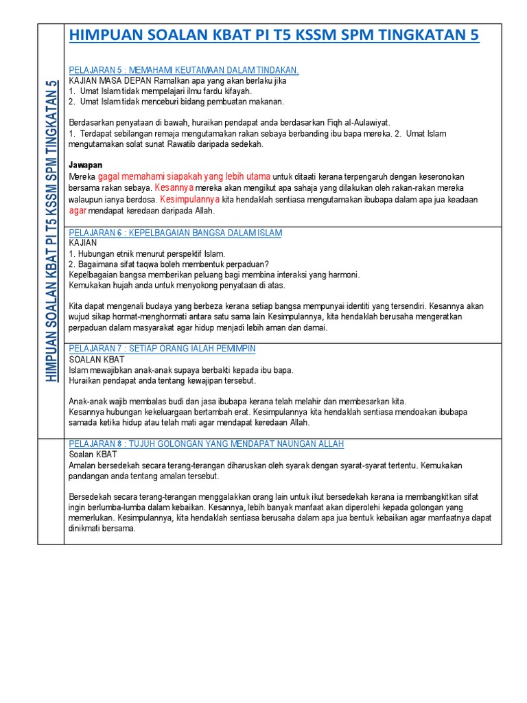 Himpunan Soalan Kbat t5 Pi KSSM 2021 | PDF