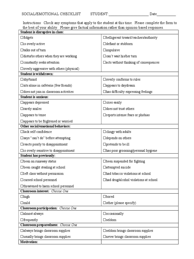 Social/Emotional Checklist for Student | PDF | Classroom | Clinical ...