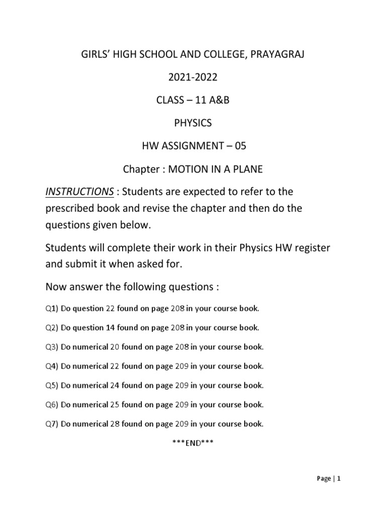 Class 11A&B Phy HW Assignment-05 | PDF
