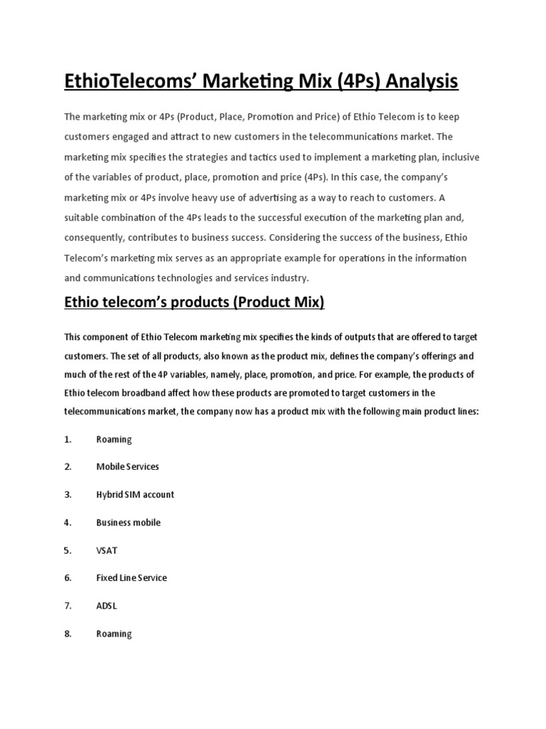 Ethiotelecoms' Marketing Mix (4Ps) Analysis: Ethio Telecom'S Products ...