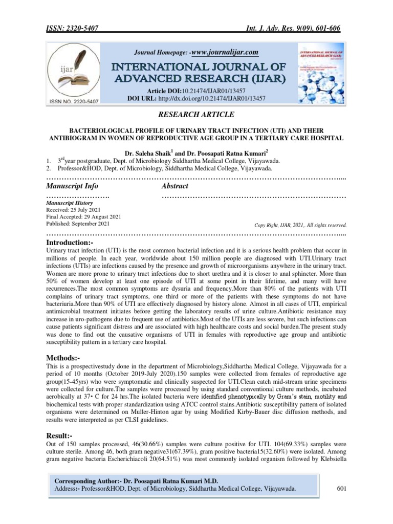 Bacteriological Profile of Urinary Tract Infection (Uti) and Their ...