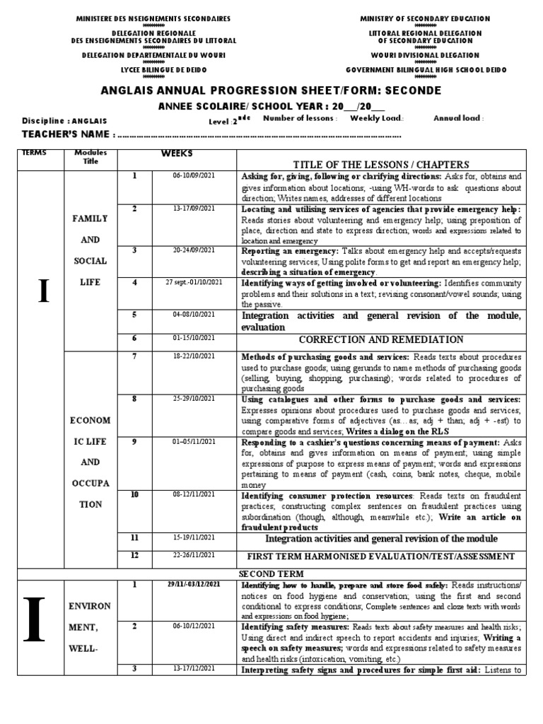 ANGLAIS PROGRESSION SHEET 2nde | PDF | Crimes | Crime & Violence