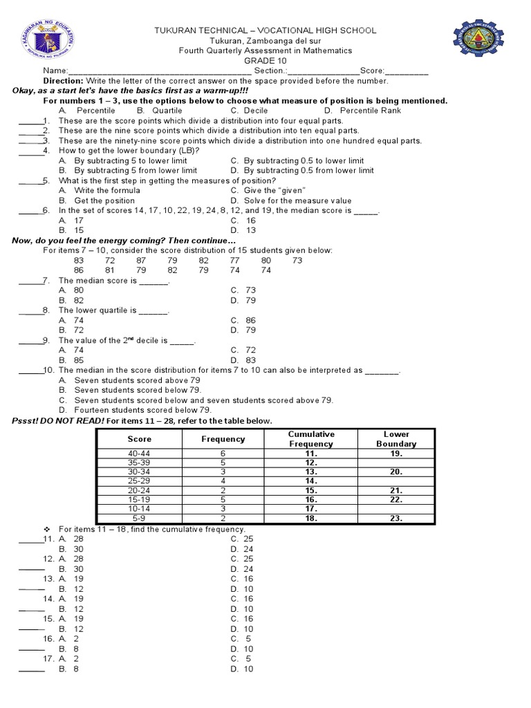 Fourth Exam Math 10 | PDF | Percentile | Median