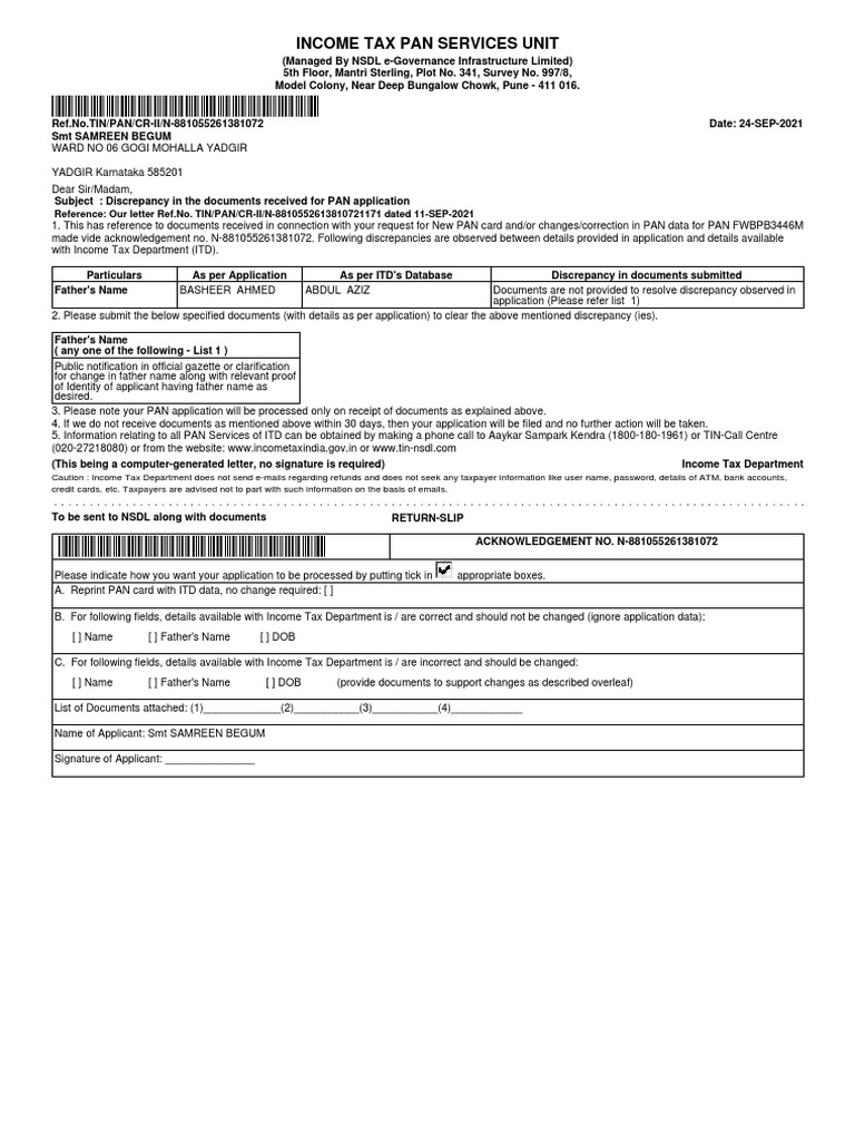 Income Tax Pan Services Unit: Reference: Our Letter Ref - No. TIN/PAN ...