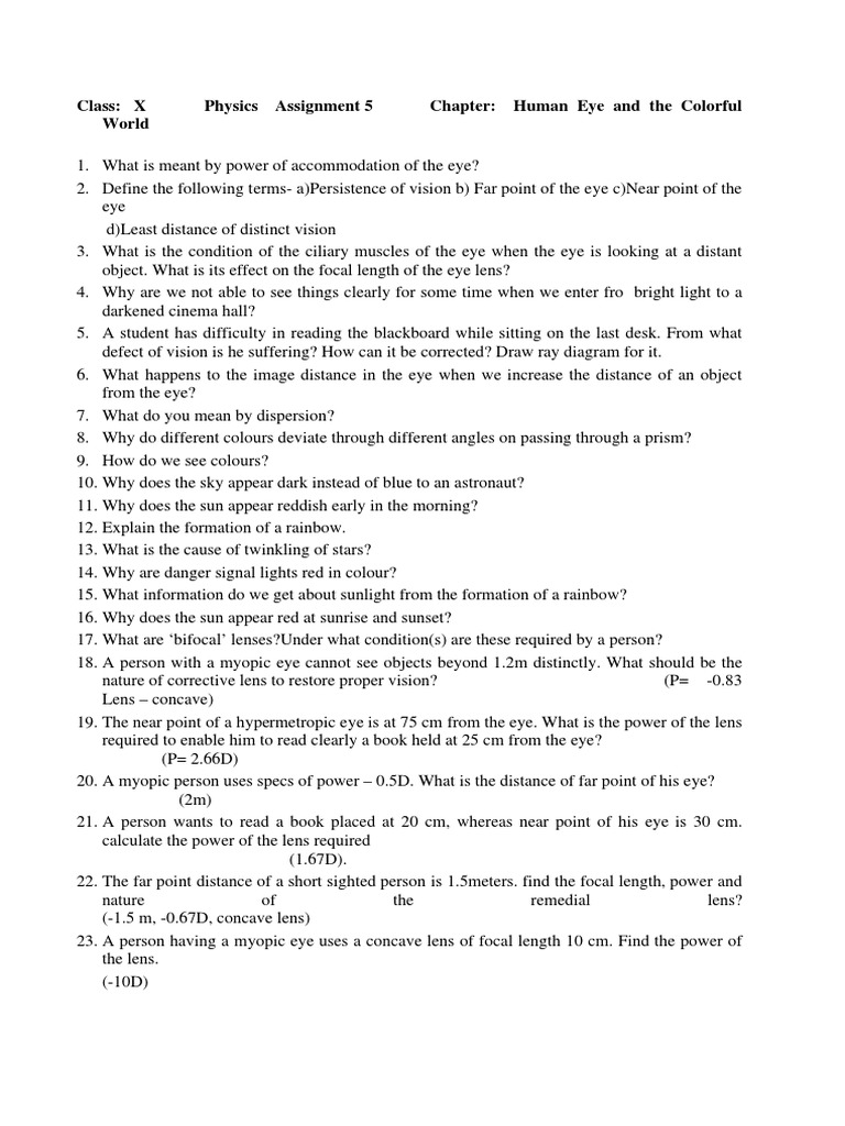 CBSE Class 10 Physics Worksheet | PDF | Eye | Electromagnetism