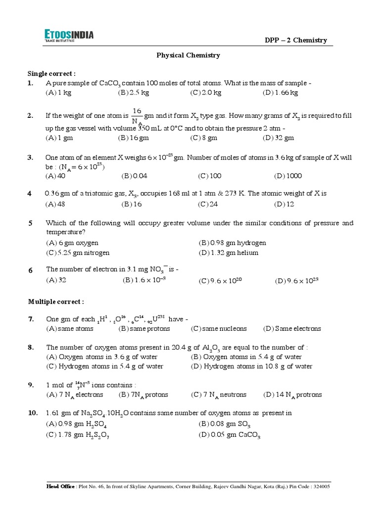 Mole Concept DPP-2 - 501352 | PDF | Atoms | Mole (Unit)