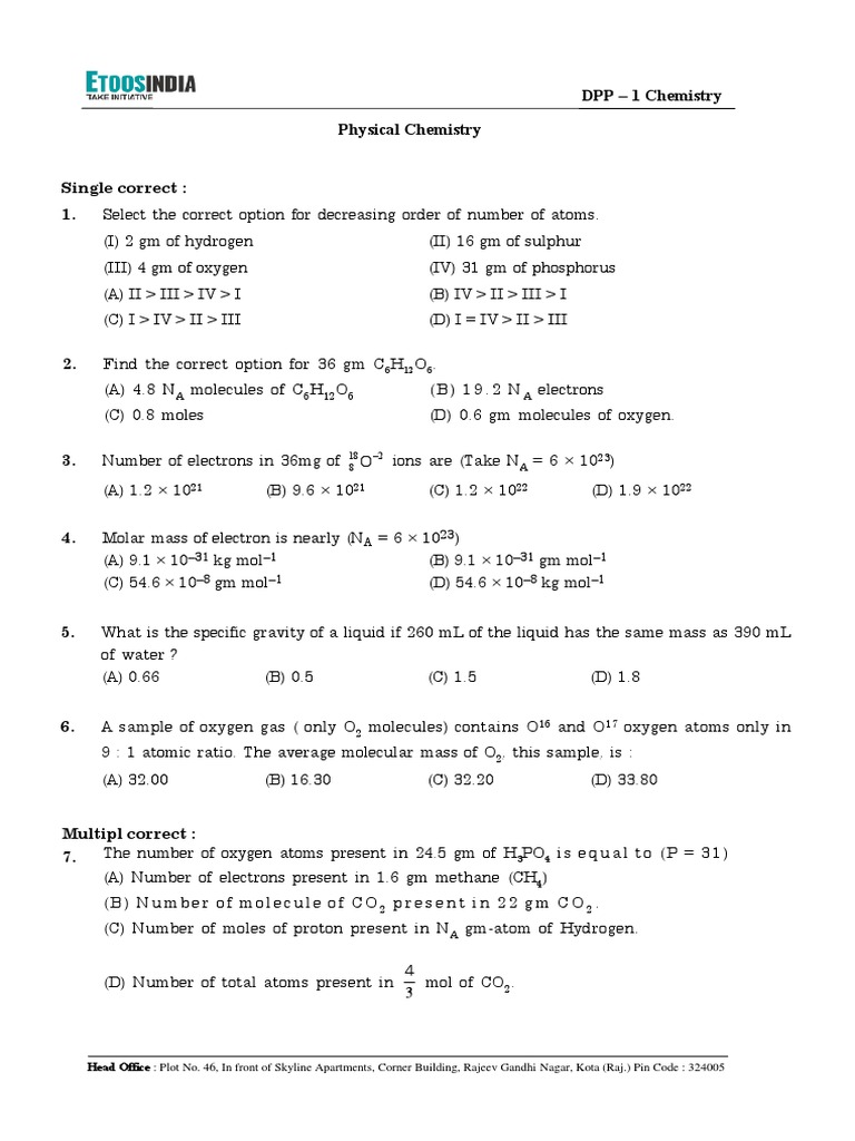 Mole Concept DPP-1 - 501352 | PDF | Mole (Unit) | Molecules