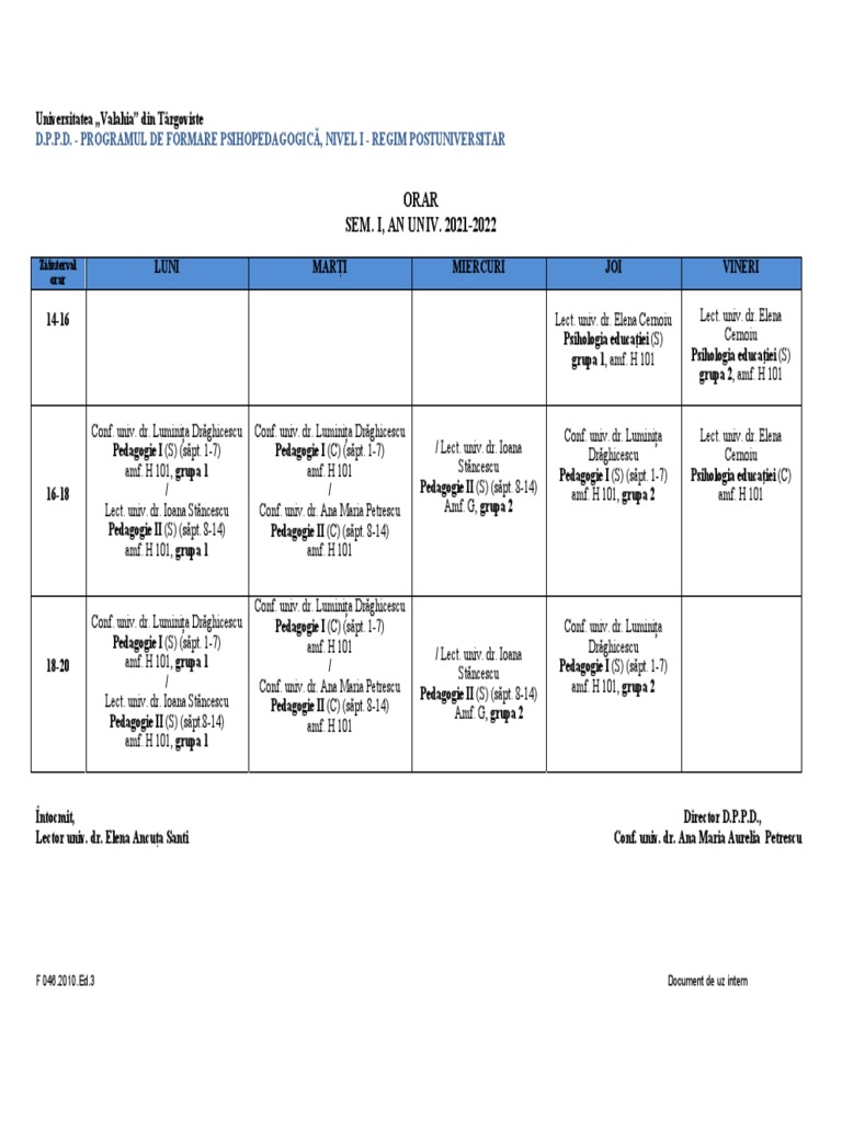 Orar Sem I 2021 2022 DPPD | PDF