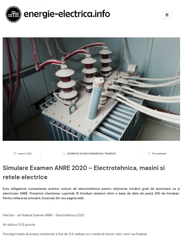 Simulare Examen ANRE 2020 - Electrotehnica, Masini Si Retele Electrice | PDF