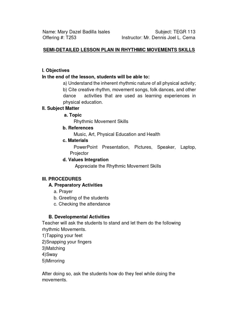 Semi-Detailed Lesson Plan in Rhythmic Movements Skills | PDF | Dances ...