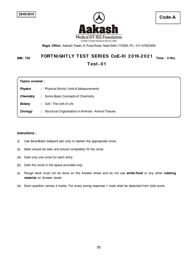 Aakash CoE XI Medical Test Series | PDF | Cell (Biology) | Mole (Unit)