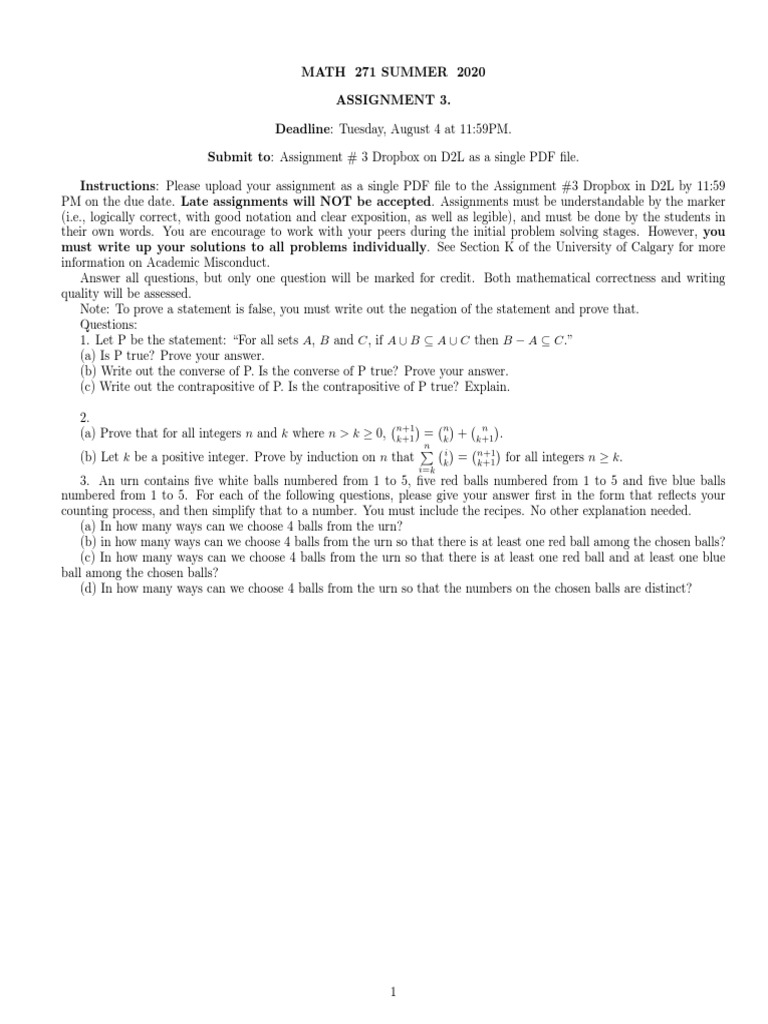 Mathematics Assignment 3 Proofs Involving Sets Binomial Coefficients And Counting Problems 