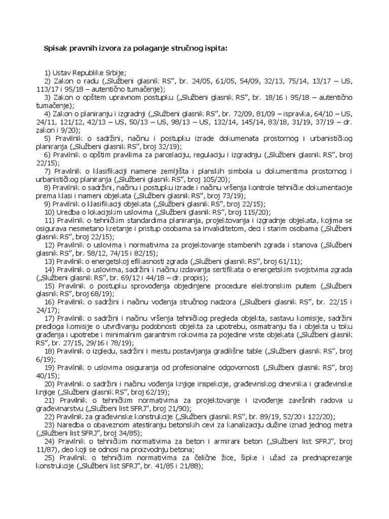 Spisak Pravnih Izvora Za Polaganje Strucnog Ispita | PDF