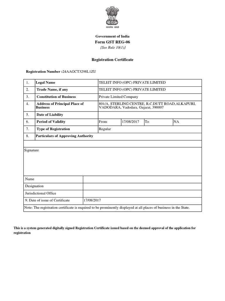 Form GST REG-06: Government of India | PDF