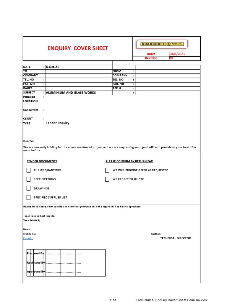 Enquiry Cover Sheet: Date: Rev No | PDF