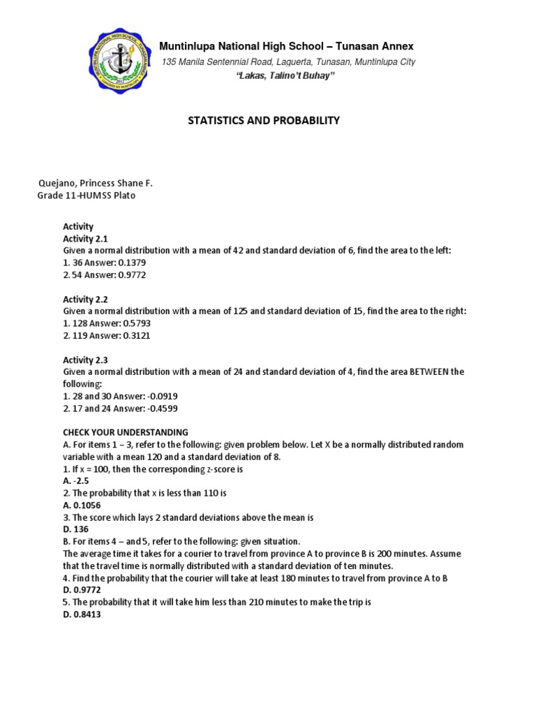 Statistics and Probability: Muntinlupa National High School - Tunasan ...