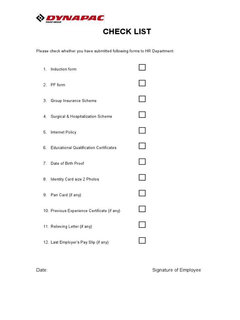 Check List: Date: Signature of Employee | PDF | Business | Finance ...