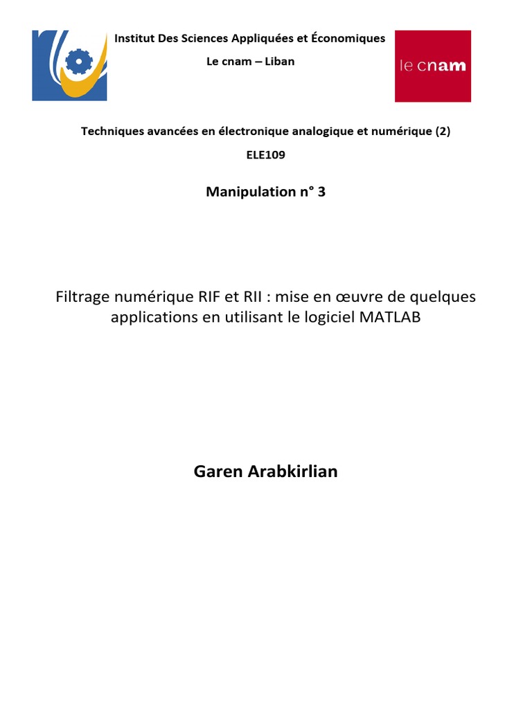 Filtrage numérique RIF avec MATLAB | PDF | Filtre (électronique ...