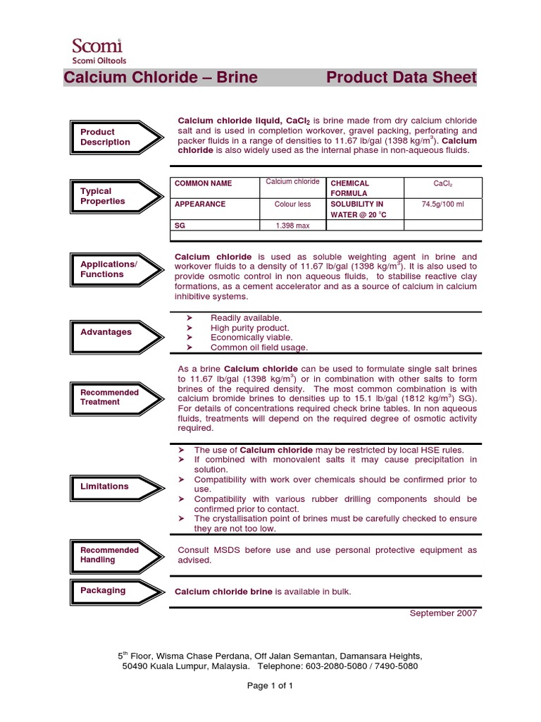 Calcium Chloride - Brine | PDF | Chloride | Chemical Compounds