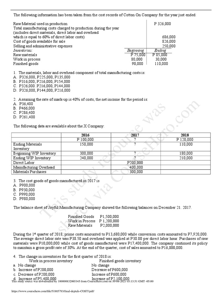 Final Deptals COST.1 PDF | PDF | Inventory | Cost Of Goods Sold