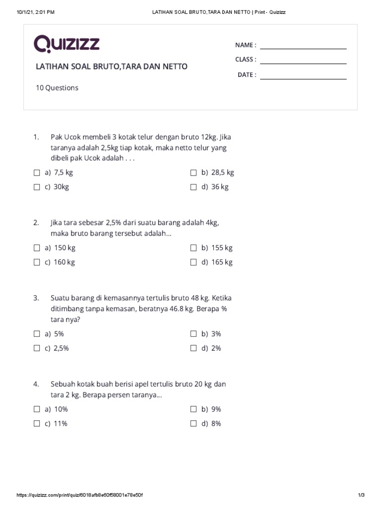 Latihan Soal Bruto, Netto, dan Tara Kelas 7 | PDF
