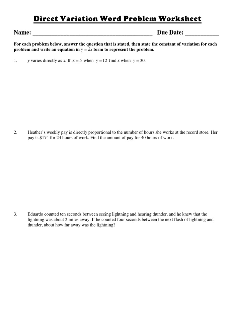 Direct Variation Worksheet | PDF