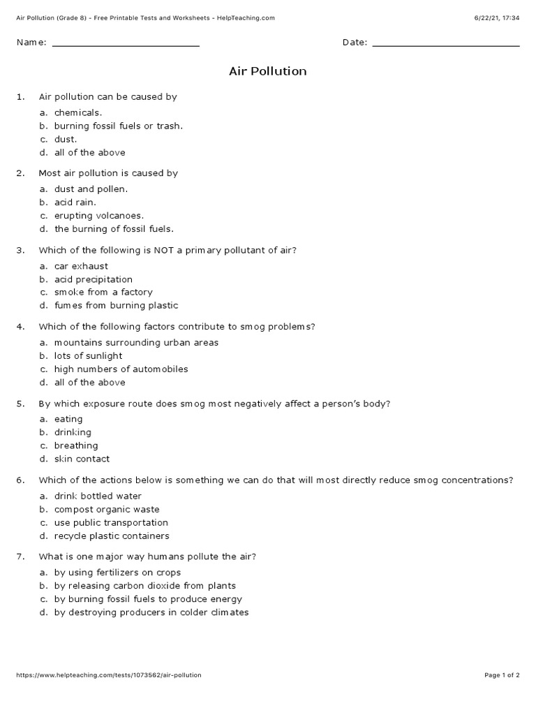 Air Pollution Worksheet for Grade 8 | PDF | Air Pollution | Atmosphere ...