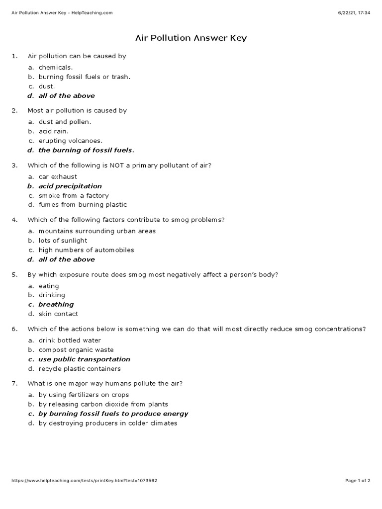 Air Pollution Answer Key | PDF | Air Pollution | Atmosphere Of Earth