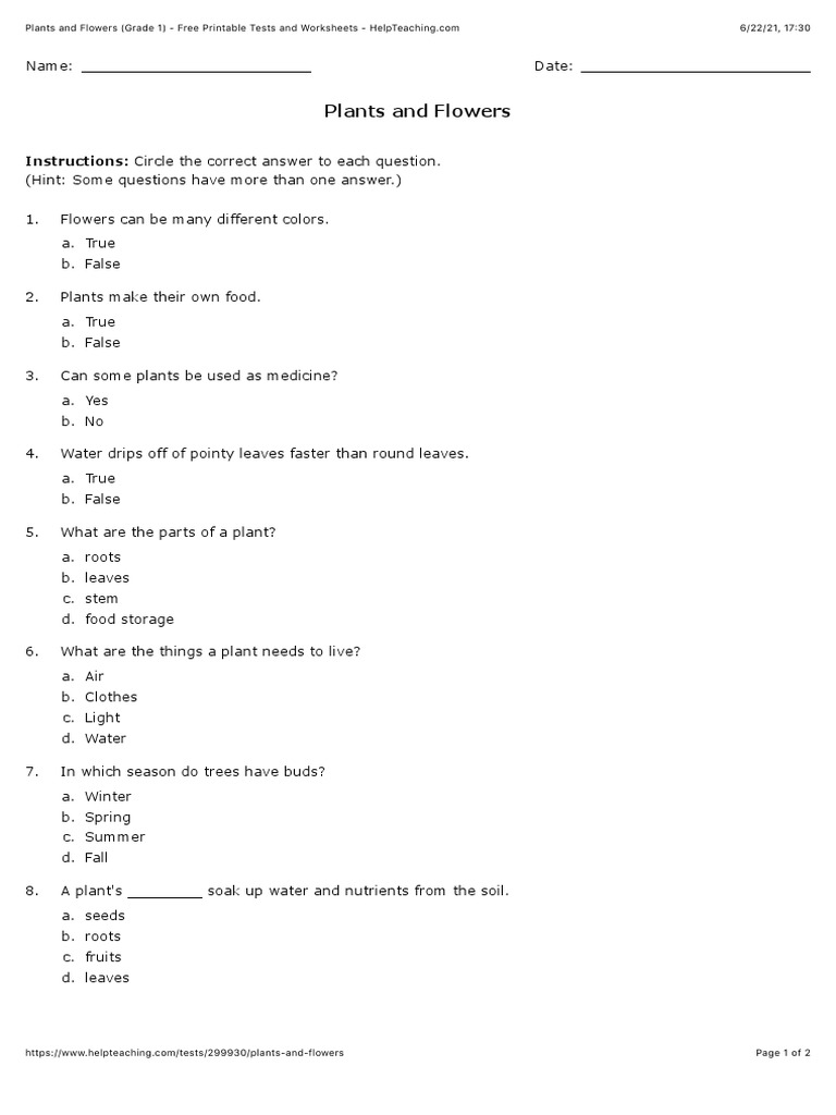 Plants and Flowers (Grade 1) - Free Printable Tests and Worksheets | PDF