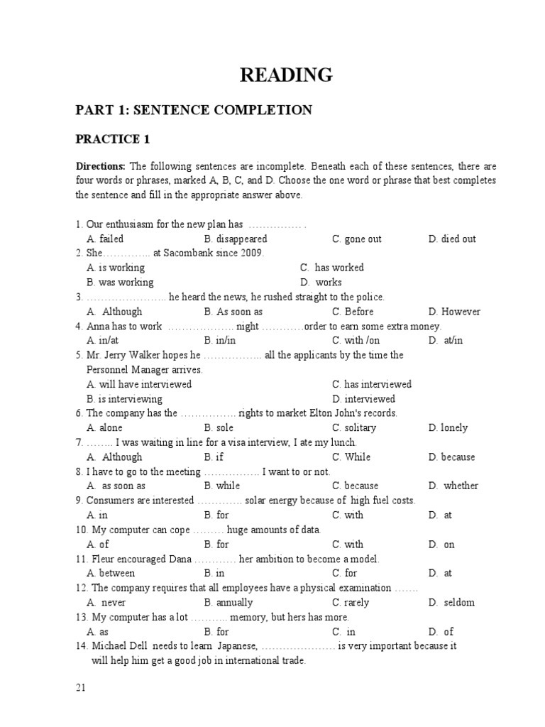 Reading: Part 1: Sentence Completion | PDF | Phrase