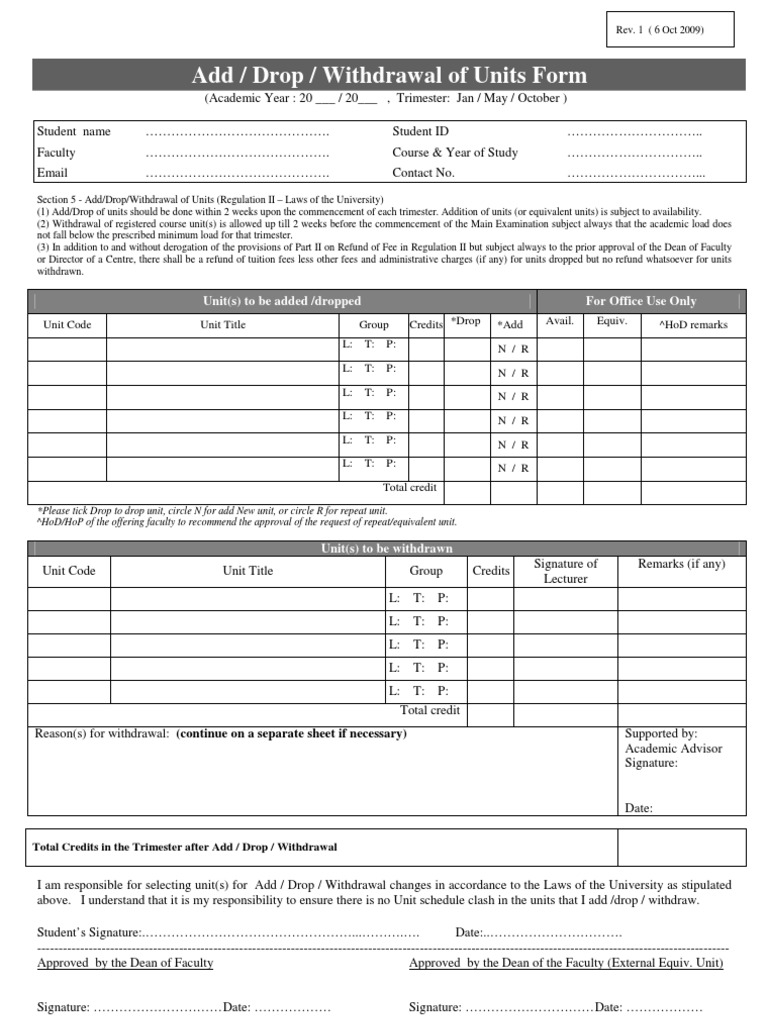 Add / Drop / Withdrawal of Units Form: Unit(s) To Be Added /dropped For ...