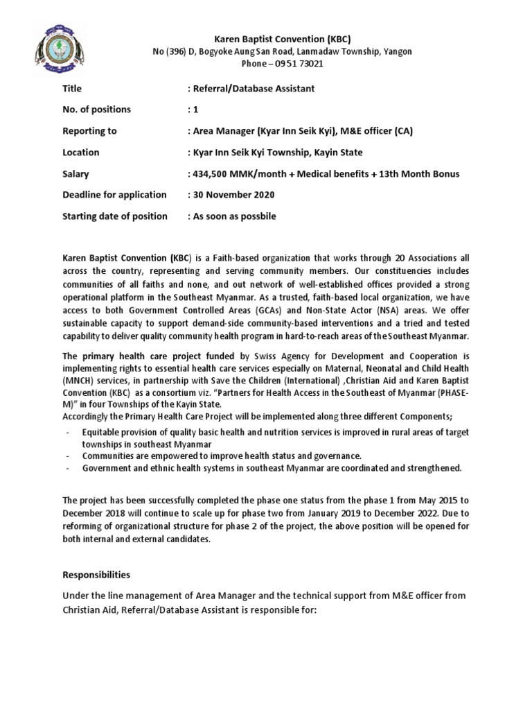 Karen Baptist Convention (KBC) Is A Faith-Based Organization That Works ...