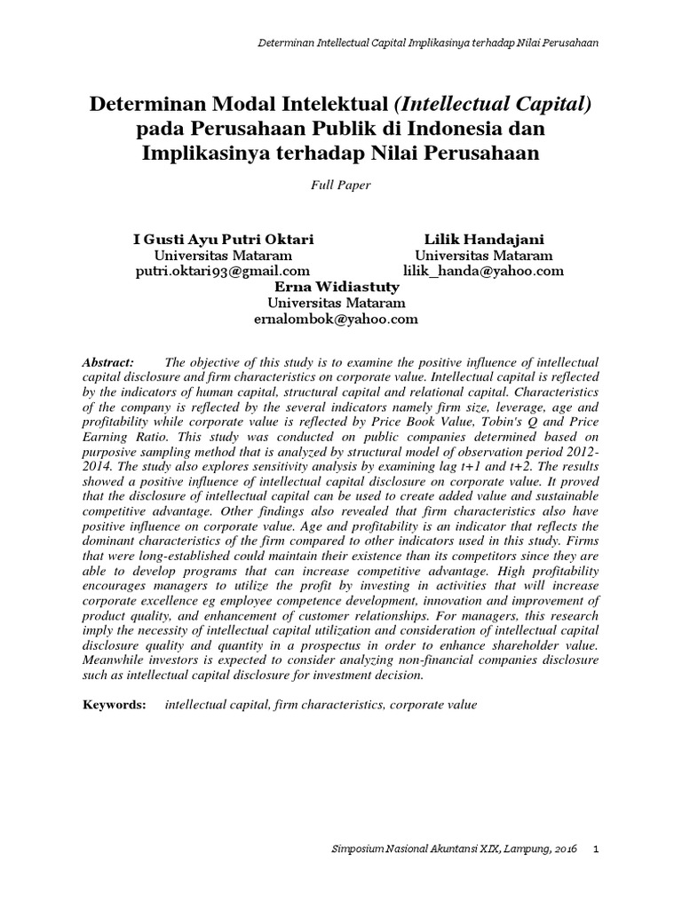 Oktari Et Al 2016 Determinan Modal Intelektual Pada Perusahaan Publik Di Indonesia Dan ...