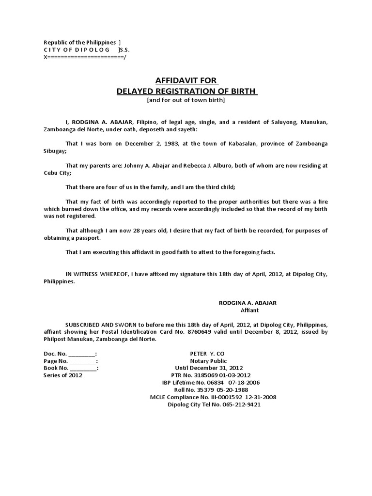 Affidavit For Delayed Registration of Birth | PDF