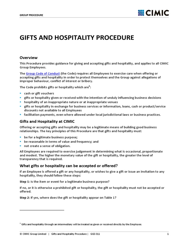 CIMIC Gifts and Hospitality Procedure | PDF | Bribery | Gift