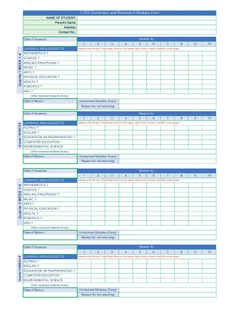 7th Grade Module Tracking Form | PDF | Computing | Science
