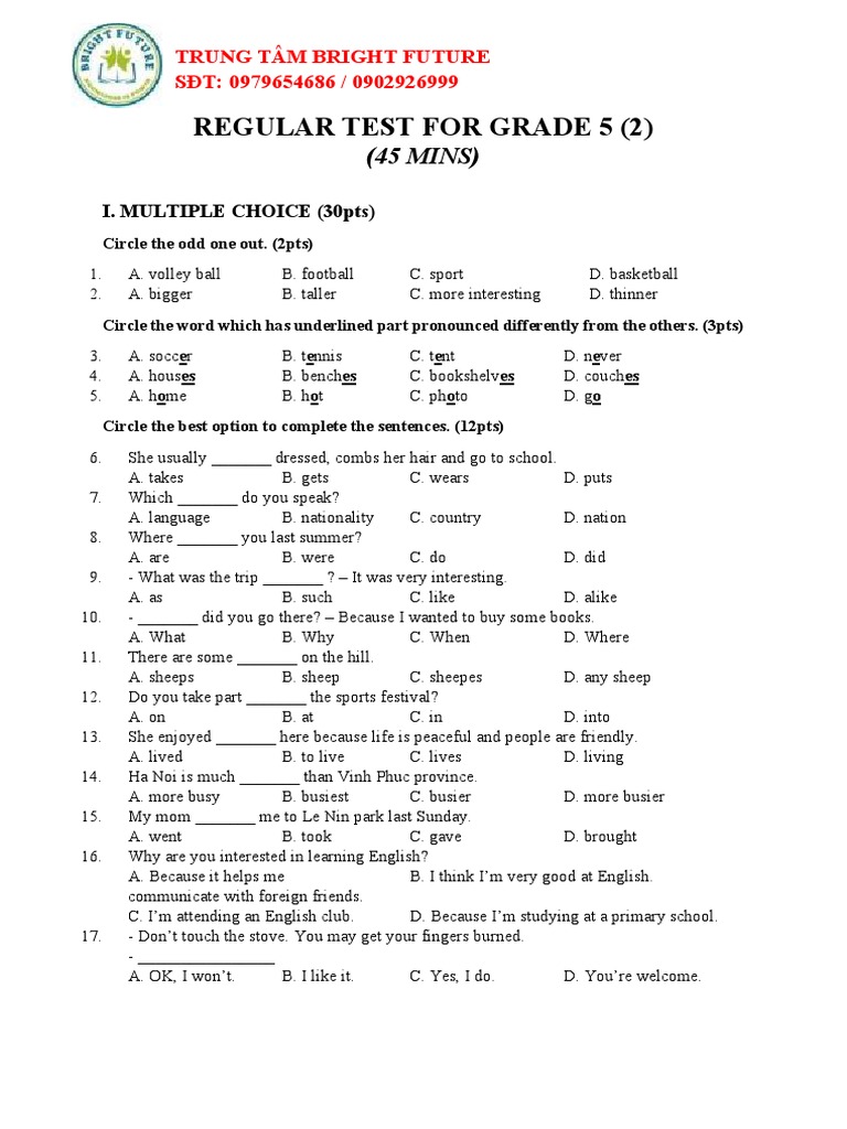 Regular Test For Grade 5 (2) : (45 MINS) | PDF