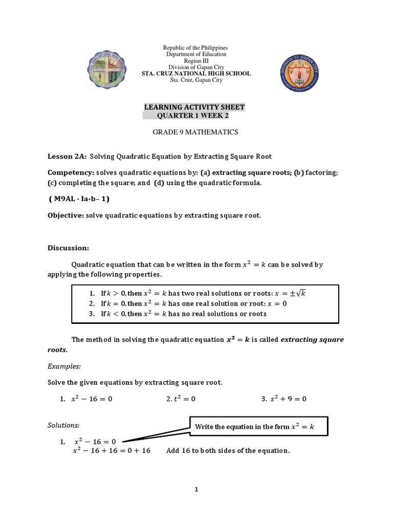 Learning Activity Sheet: Grade 9 Mathematics | Download Free PDF ...
