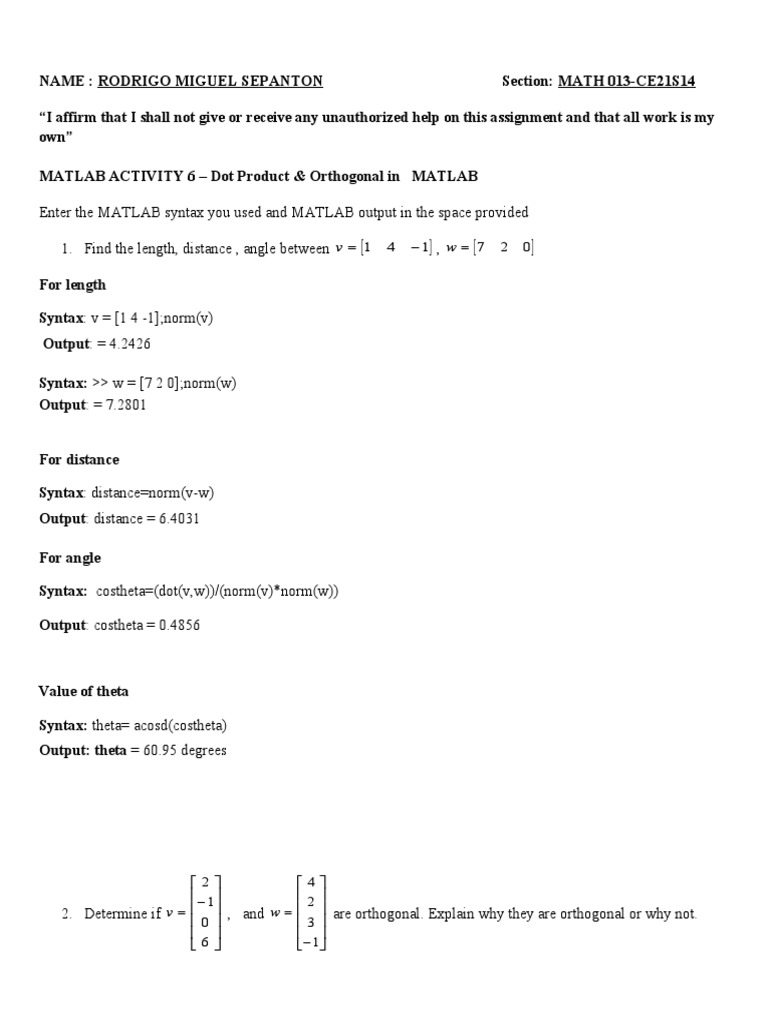 Enter The MATLAB Syntax You Used and MATLAB Output in The Space ...
