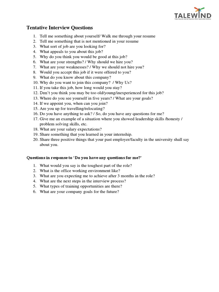 Tentative Interview Questions | PDF