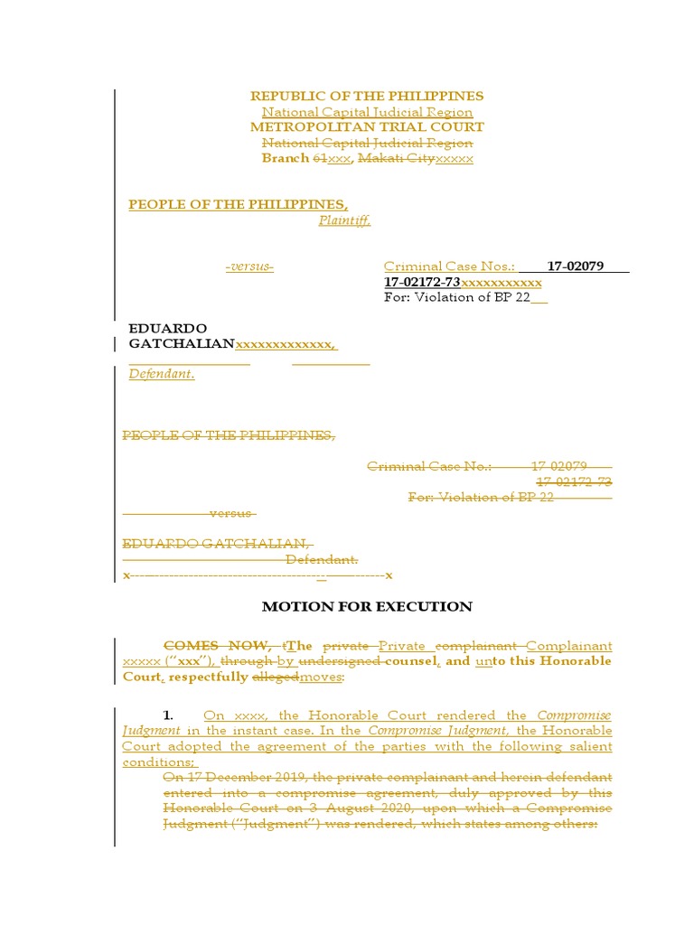 Sample Motion For Execution | PDF | Judgment (Law) | Justice Sample Motion For Execution | PDF | Judgment (Law) | Justice