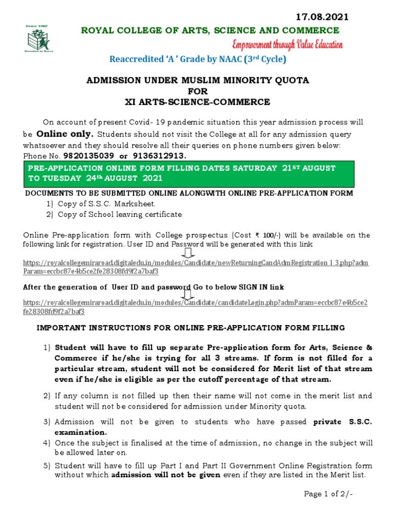 Muslim Minority Admission Process 2021 | PDF
